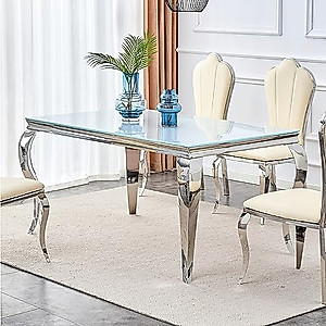 Nicemoods Modern Style Dining Table with Contemporary Tempered Contemporary White Glass Top S-Shaped Pedestal,Kitchen Table with Silver Stainless Steel Pedestal Base 59" Lx35.4 Wx29.5 H, Silver