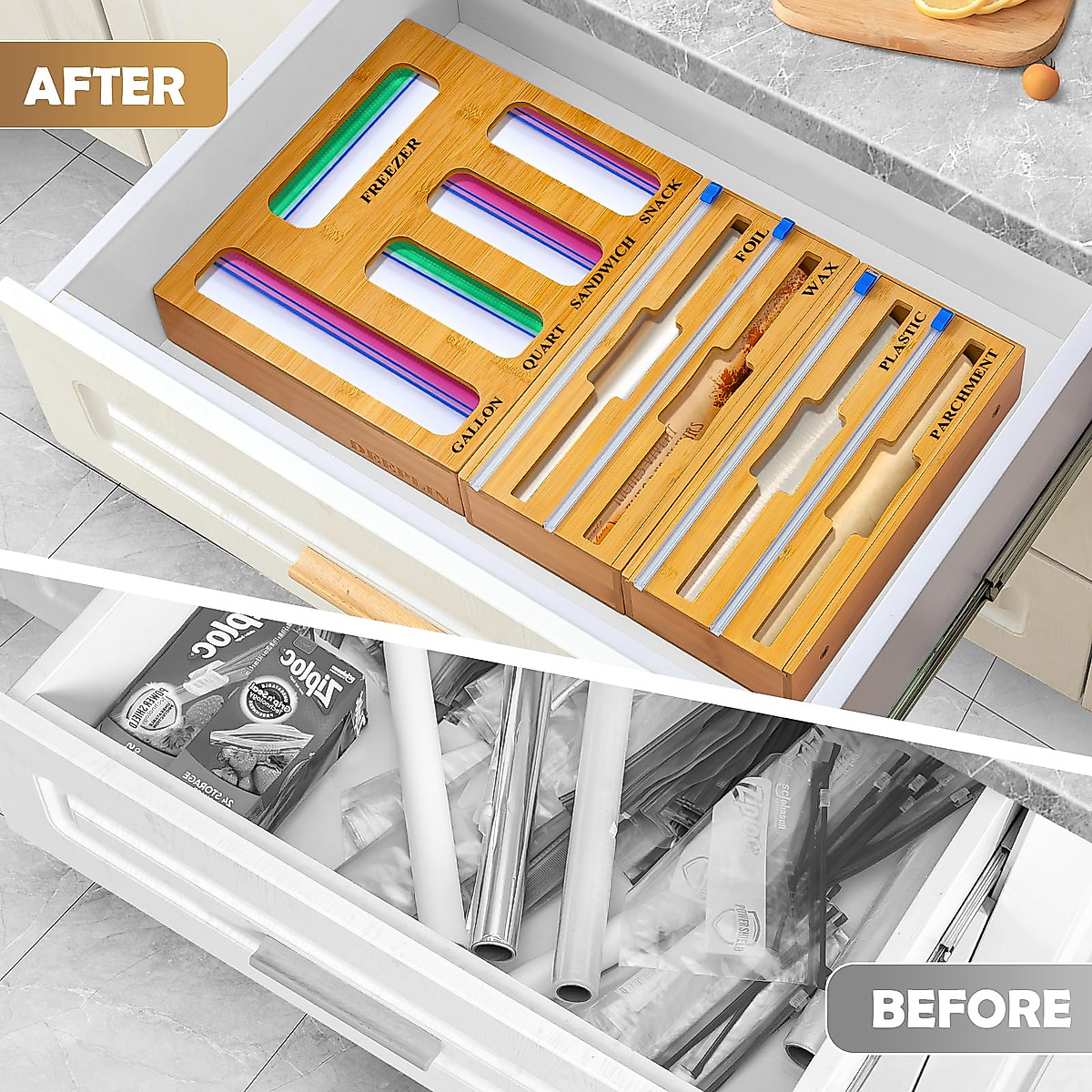 deeplin Storage Bag Organizer and Wrap Dispenser with Cutter, 9 IN 1 Bamboo Foil and Plastic Wrap Organizer for Kitchen Drawer, Plastic Bag Organizer for Gallon,Quart,Sandwich,Snack