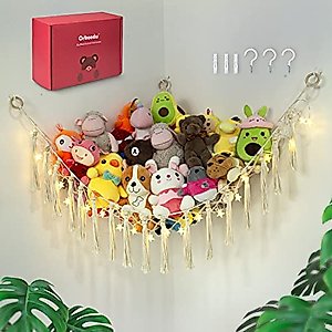 Orkeedu Stuffed Animal Net or Hammock with LED Lights, Large Toy Storage Hooks, Macrame, Cotton Beige