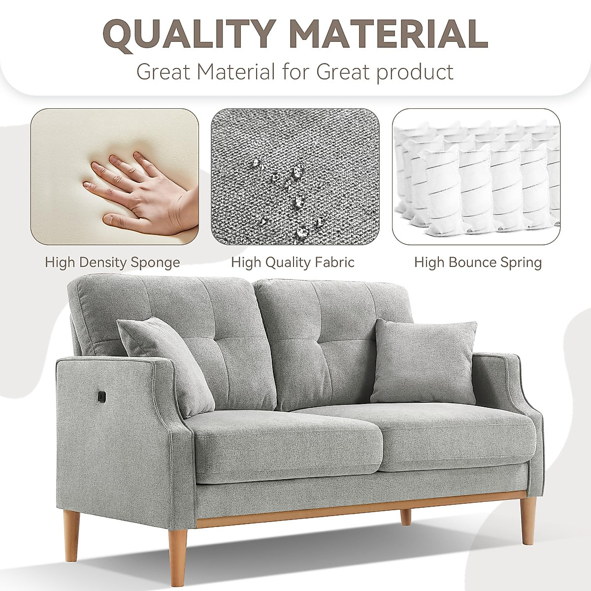 Plococo 56.7" 2 Pillows Loveseat Sofa Couch with USB Charge Port and Solid Metal Frame and Wood Legs, Waterproof Fabric Sofas with Thickness Cushion for Small Aparment (Beige Grey)