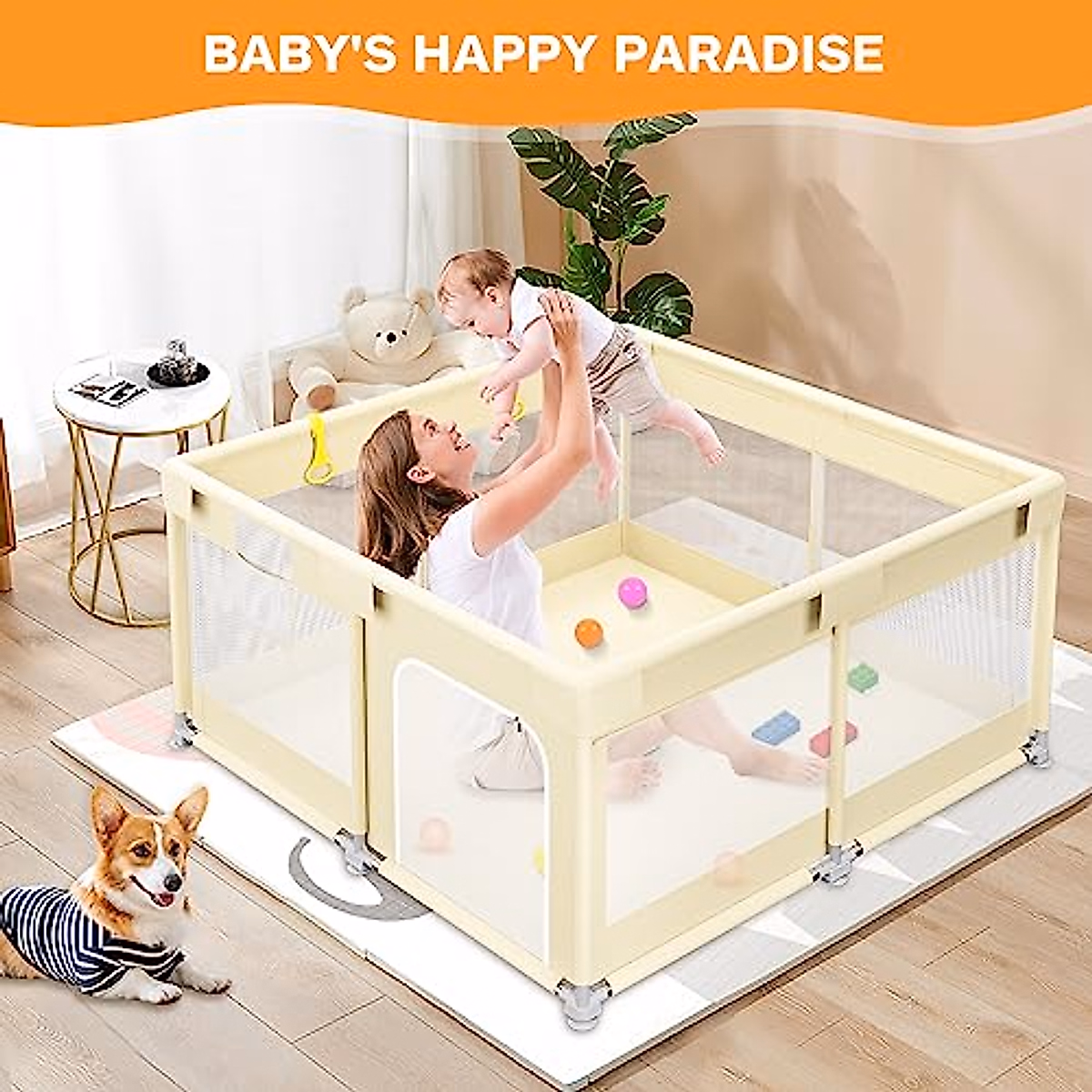 ZESHWER Baby Playpen with Gate, Play Pens for Babies and Toddlers, Play Yard for Baby, 50"x50" Baby Fence, Activity Center for Baby, Sturdy Safety Playpen with Anti-Slip Base, Beige
