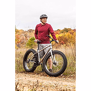 Mongoose Malus Mens and Womens Fat Tire Mountain Bike, 26-Inch Bicycle Wheels, 4-Inch Wide Knobby Tires, Steel Frame, 7 Speed Drivetrain Bicycle, Shimano Rear Derailleur, Disc Brakes, Silver/Black