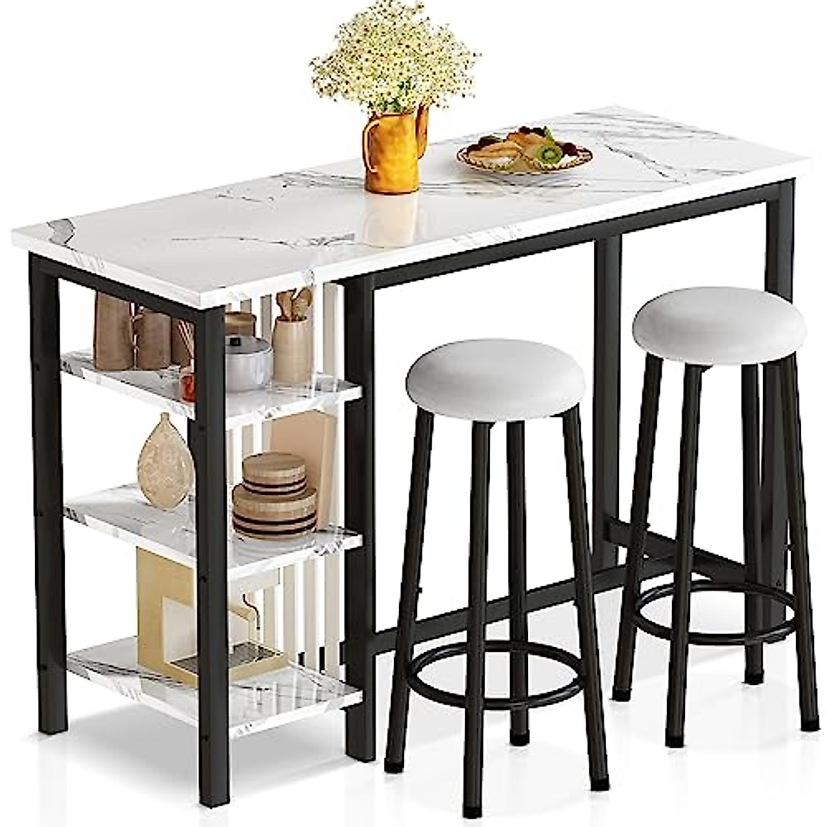 Lamerge Kitchen Counter Height Table and Stools Set for 2, 4-Tier Compact Dining Table, White Faux Marble Top and 2 PU Leather Upholstered Seats, Modern Dining Room Furniture for Home/Studio/Office