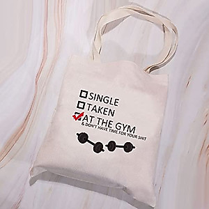 VAMSII Single Taken at the Gym Tote Bag Fitness Lovers Gifts Workout Canvas Tote Bag Fitness Freak Gifts for Trainer Coach (GYM Tote Bag)