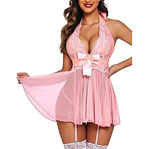 Avidlove Women's Babydoll Lingerie Halter Sexy Chemise with Garter Exotic Nightgown Peach XS