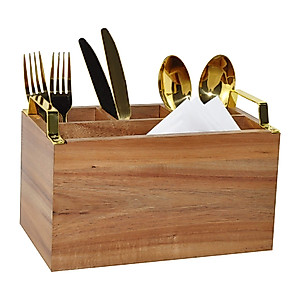 Spiretro Flatware Caddy, Cutlery Utensil Holder, Silverware Condiment Organizer for Kitchen, Dining, Entertaining, Tailgating, Picnics, 4 Compartments，Solid Torched Wood with Golden Metal Handle-Beige