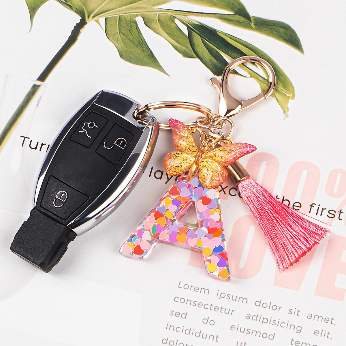 Suweibuke Colourful Cute Initial Letter Keychains for Women Girls with Tassel Butterfly, Charm for Purse Backpacks Handbags Schoolbags (Colorful Pink-A)