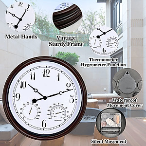 15 Inch Indoor/Outdoor Waterproof Wall Clock, Outdoor Clock with Thermometer and Hygrometer Combo, Retro Round Silent Battery Operated Quartz Wall Clock for Patio Home Bathroom Porch Pool (Brown)