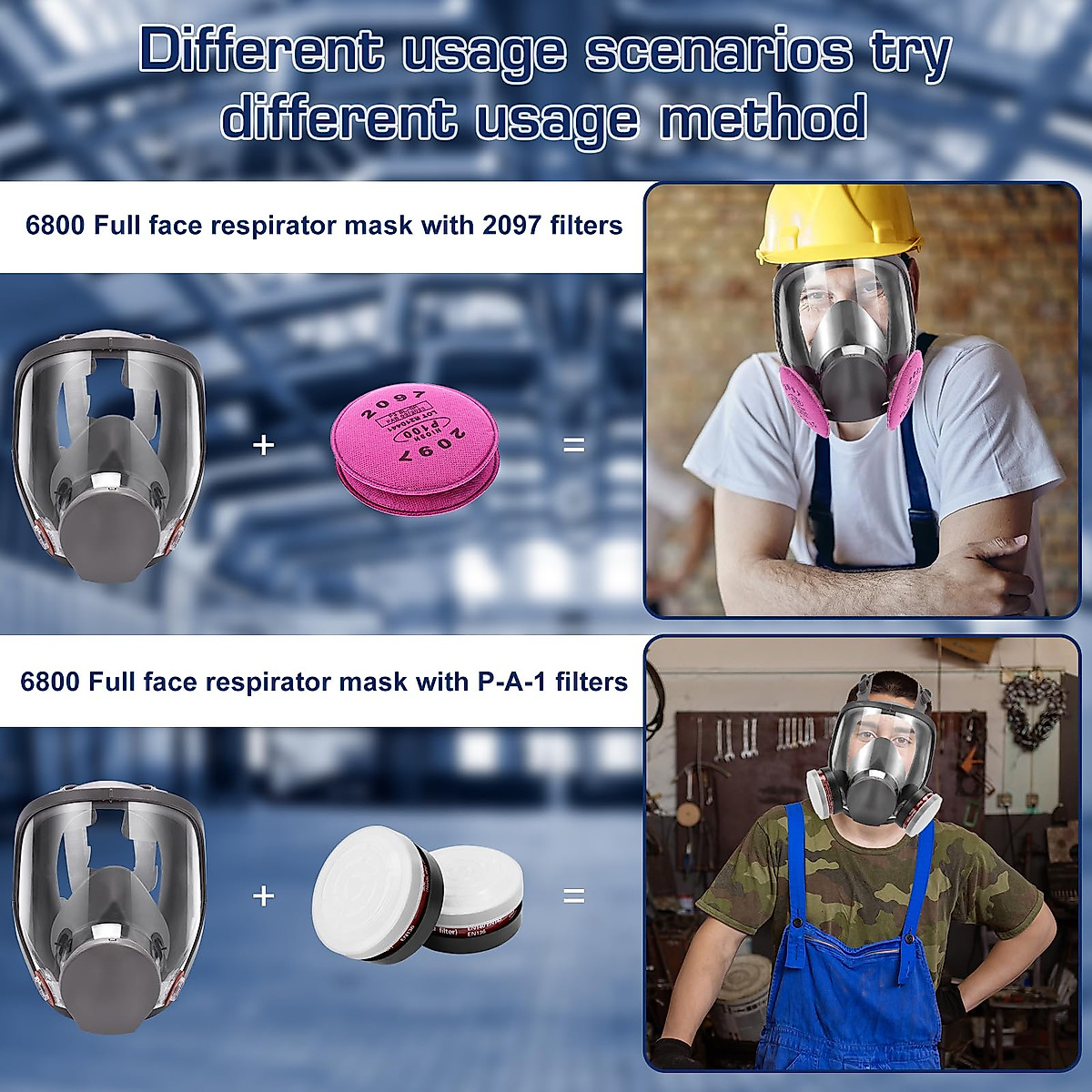 LQIQIZ Reusable Full Face Respirator Mask, Gas Mask Survival Nuclear and Chemical w/Activated Carbon Filter for Painting Dust (6800 with P-A-1 Filter and 2097 Filters)