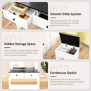 elifine 30" Vanity Desk with Mirror and Lights - Farmhouse Makeup Vanity Table and Chair Set, Compact Makeup Desk with 2 Drawers & Power Outlet for Women Girls (BW1 with Stool)