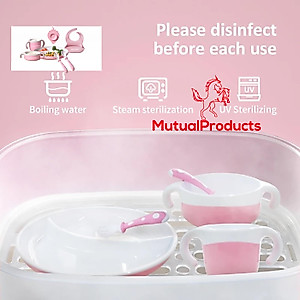 mutualproducts - Baby Feeding Set 7-Piece | Baby Led Weaning Utensils Set Includes Suction Bowl and Plate, Baby Spoon and Fork, Sippy Cup | Baby Feeding Supplies Set (Pink-White)