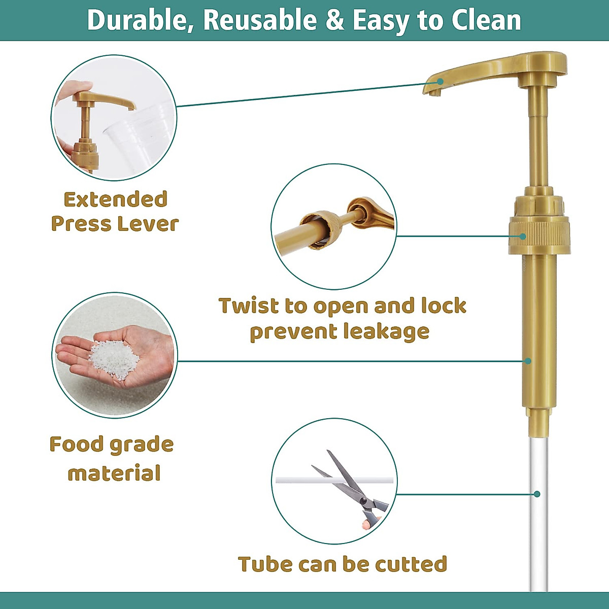 COODUM 3 Packs Coffee Syrup Pump Fits 750Ml Torani, DaVinci, Jordans Skinny Syrup Bottles, Torani Pump Dispenser for Coffee Syrup Snow Cones, No Dripping, Ideal for Home and Coffee Bar - Gold