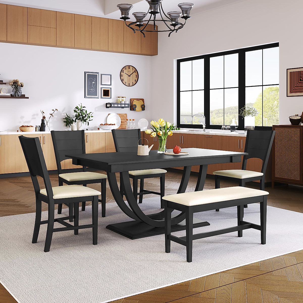 6 Piece Dining Table Set for 6 with Bench Wood Rectangular Kitchen Table Set, Gray