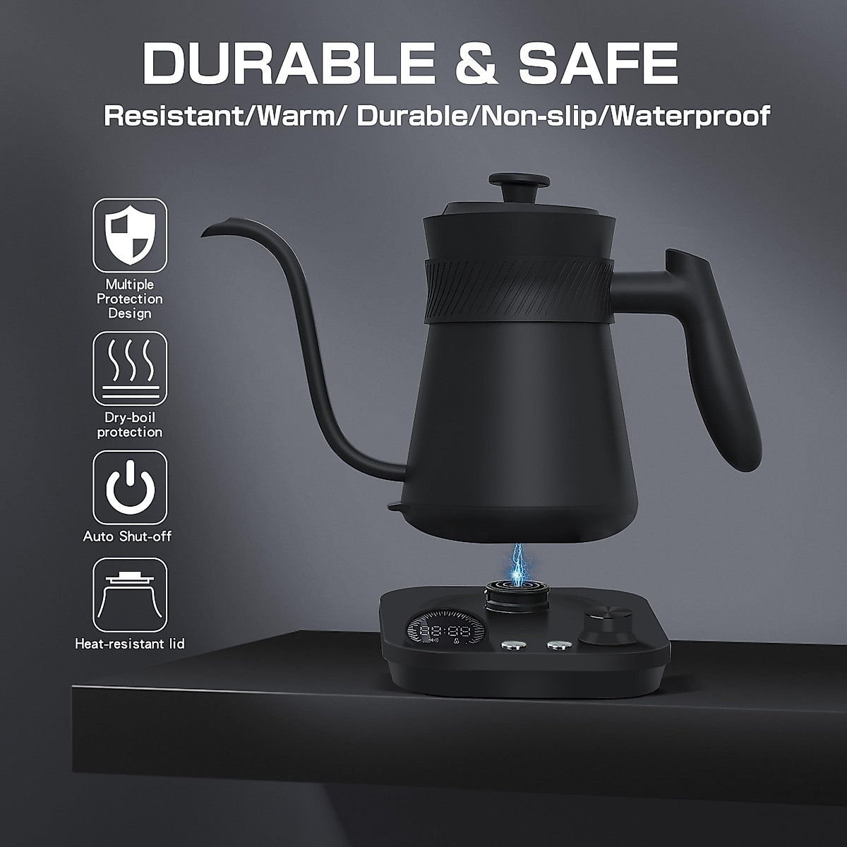 Potlimepan Electric Kettle, 0.8L Temperature Control Electric Kettle with LED Screen, 1200W Quick Heating Gooseneck Pour Kettle with Stainless Steel Interior, Smart Kettle for Coffee & Tea, Black