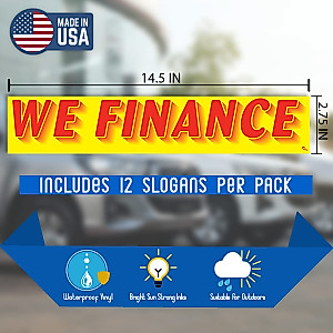 Versa Tags Windshield Slogan Stickers 12 Pack of Save Stickers 12 Pack of 3RD Row Seating Slogans 12 Pack of WE Finance Window Stickers (36) Dealership Stickers Red On Yellow