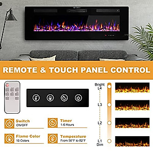 50" Electric Fireplace, Cool to The Touch Fireplace Heater, Recessed and Wall Mounted Fireplaces with Timer Remote Control Adjustable Flame Color, Black NO Bracket