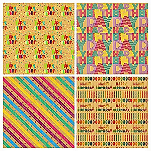 THMORT Birthday Wrapping Paper for Kids, Boys&Girls, Adults. Kraft Brown Recycled Gift Wrapping Paper ,Rainbow stripe Happy Birthday 4 Colorful Designs for Baby Shower, Holiday, Party Pack of 12 Sheets 29 X 20 Inch.