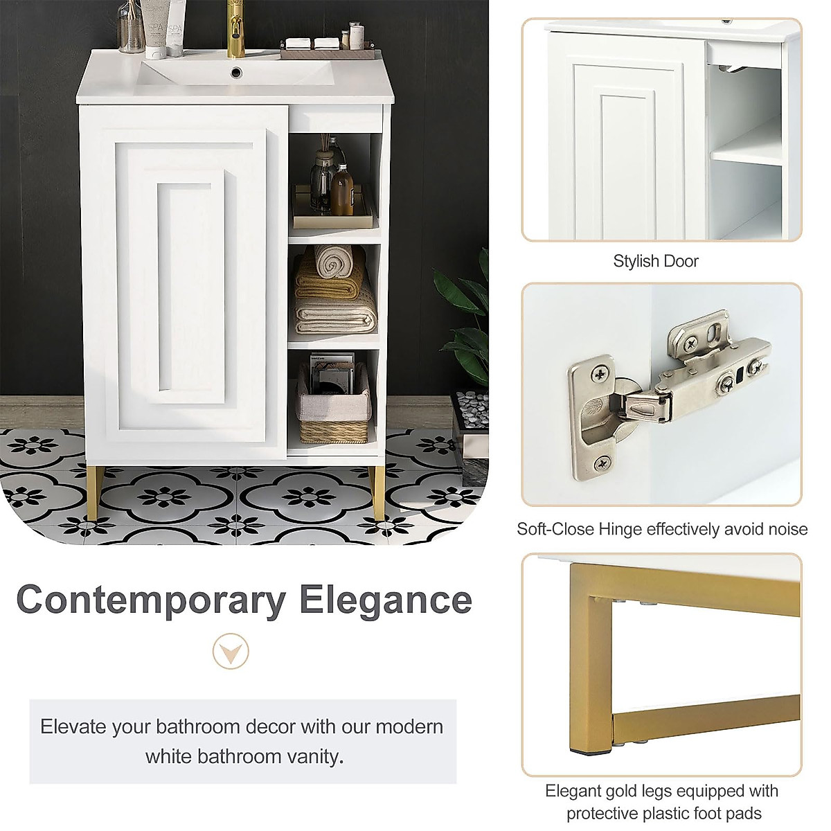 Appot 24inch Bathroom Vanity Sink Combo for Small Space, Bath Room Vanities with Ceramic Basin, Gold Legs and Semi-Open Storage(Faucet Not Included)