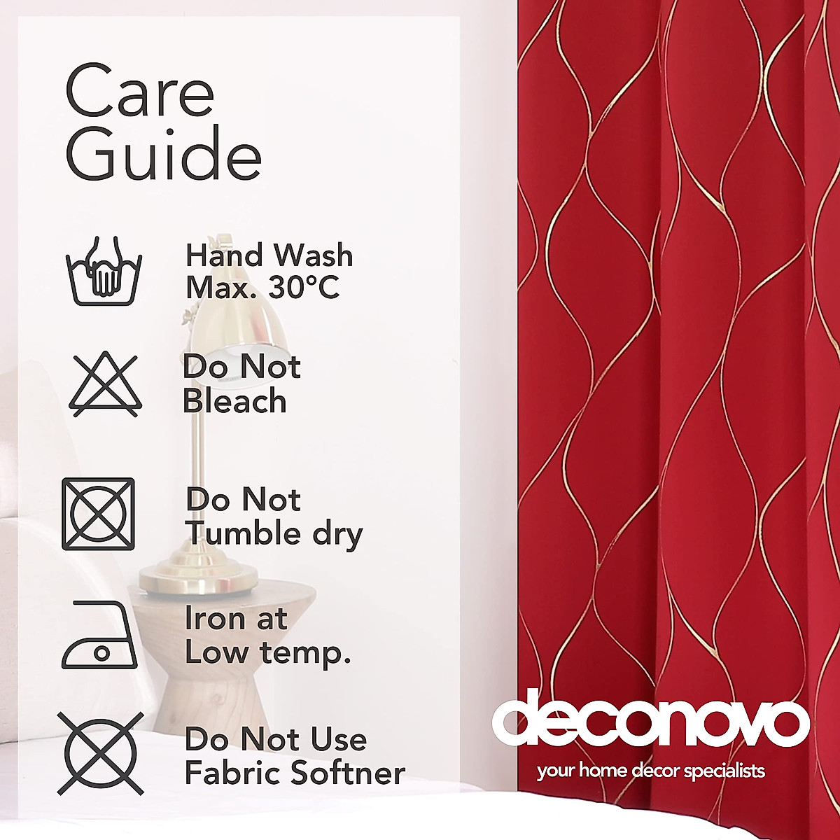 Deconovo Gold Wave Print Blackout Curtains for Bedroom, Thermal Insulated Curtains for Living Room, Room Darkening Drapes (Red/Wave, 42x63 Inch, 2 Panels)