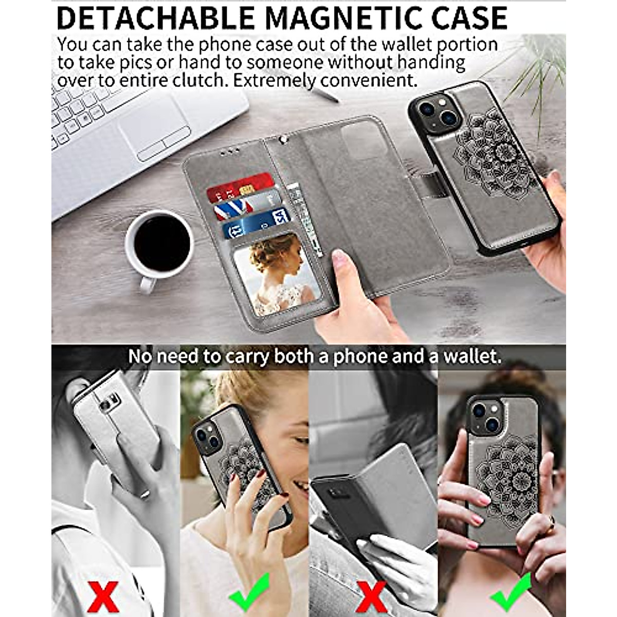 CASEOWL iPhone 13 Wallet Case - Magnetic Detachable 2-in-1 Mandala Embossed Leather with RFID Blocking, Card Holder, Hand Strap (Gray)