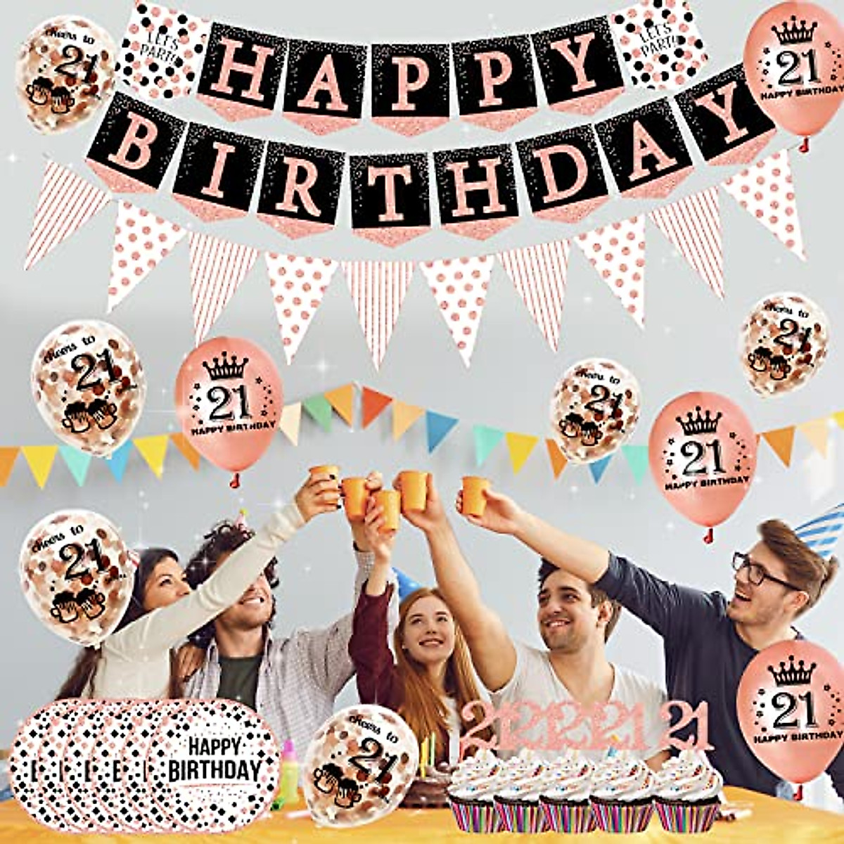 21st Birthday Decorations for her - (76pack) Rose Gold Party Banner, Pennant, Hanging Swirl, Birthday Balloons, Foil Backdrops, Cupcake Topper, Plates, Photo Props, Birthday Sash for Women Gift