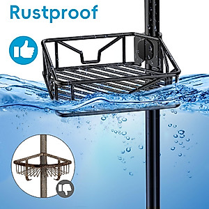Skycarper 5 Tier Adjustable Corner Shower Caddy Organizer with Hooks,Rustproof Tension Pole 62-116 Inch, Black