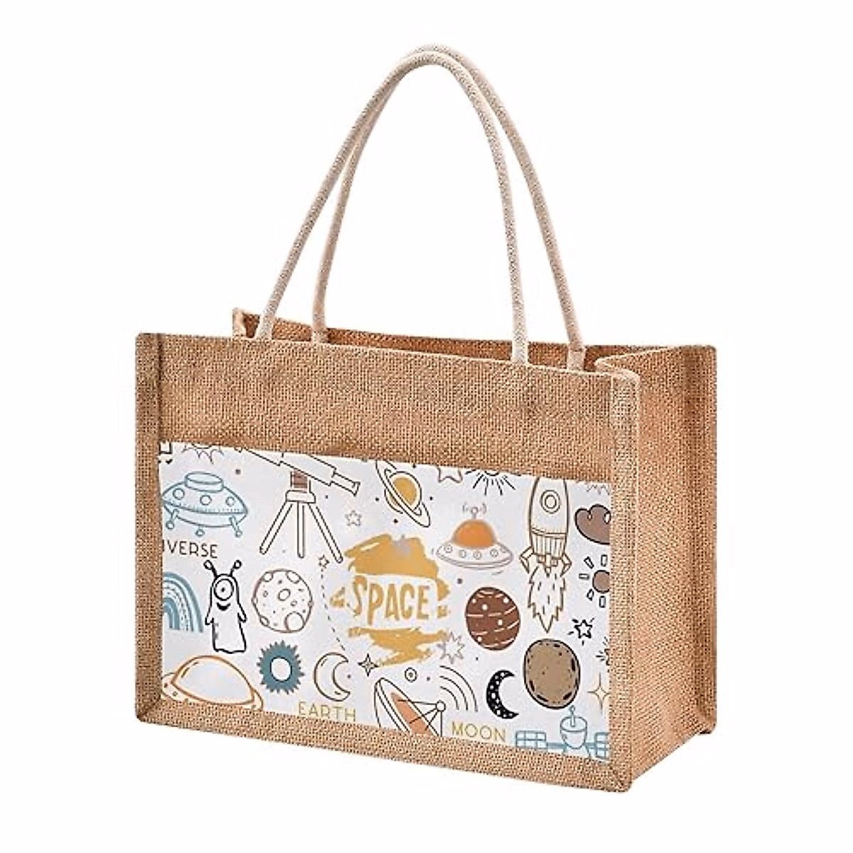 Jute Tote Burlap Bag Autumn Orange Space Science Universe Rocket Planet Gift Bag Women DIY Work Grocery Storage Bag