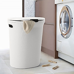 Superio Ribbed Collection - Decorative Plastic Laundry Hamper with Lid and Cut-Out Handles, White (1 Pack) Basket Organzier for Bedroom Bathroom College Dorm Room 40 Liter