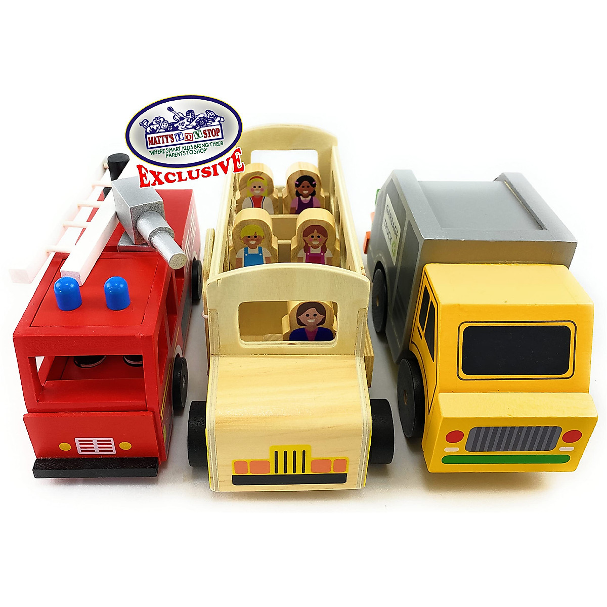 Matty's Toy Stop Deluxe Wooden Vehicle Set Featuring a School Bus (with 5 Play Figures), Fire Engine (Fire Truck) and Garbage Truck Gift Set Bundle - 3 Pack