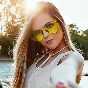 JFTOWN 12 Pairs Heart Shape Rimless Valentines Sunglasses Candy Color Frameless One Piece Love Glasses for Women Party Favor (Yellow)