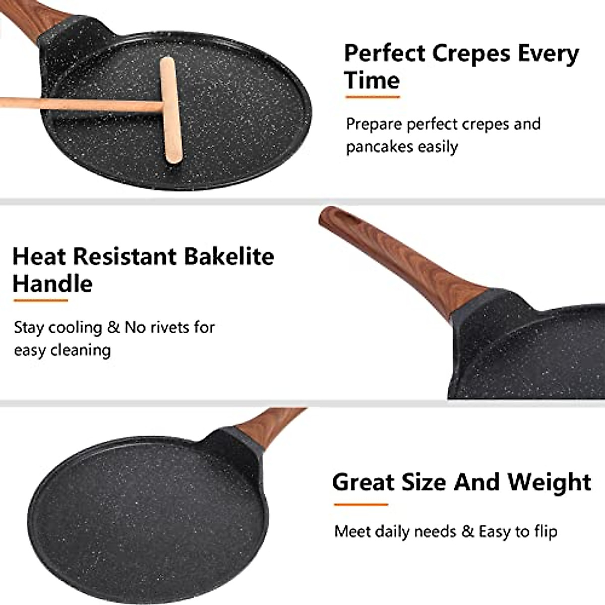 ESLITE LIFE Nonstick Crepe Pan with Spreader, 11 Inch Granite Coating Flat Skillet Tawa Dosa Tortilla Pan, Compatible with All Stovetops (Gas, Electric & Induction), PFOA Free, Black