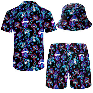 Wdpsuxin Mens 2 Piece Tracksuit Hawaiian Shirt，Mushroom Button Down Shirt and Compression Liner 2 in 1 Shorts Sets with Bucket Hats 3X-Large