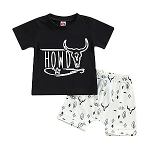 Amiblvowa Cute Western Baby Boy Summer Clothes Cow Print T Shirt Jogger Shorts Set Newborn Toddler Cowboy Country Outfit (Black Beige, 18-24 Months)