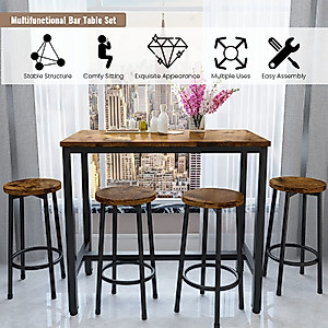 AWQM Pub Table and Chairs Set of 4, Industrial Counter Height Table with 4 Stools Small Dining Table Set for 4,Wooden Bar Table Set Dining Room Table Set for Small Spcae/Living Room,Rustic Brown
