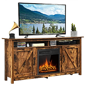 Tangkula Industrial Fireplace TV Stand for TVs Up to 65 Inches, Entertainment Center w/ 1500W Fireplace, Fireplace Media Console Table, Electric Heater w/Adjustable Brightness & Remote (Brown)
