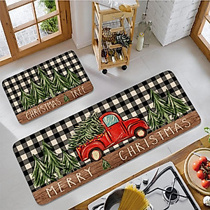 Eikunn Christmas Kitchen Rugs Set of 2,Red Truck Christmas Tree Kitchen Mat for Floor,Winter Holiday Non-Slip Washable Kitchen Sink Mats Kitchen Decor Doormat+Runner Rug