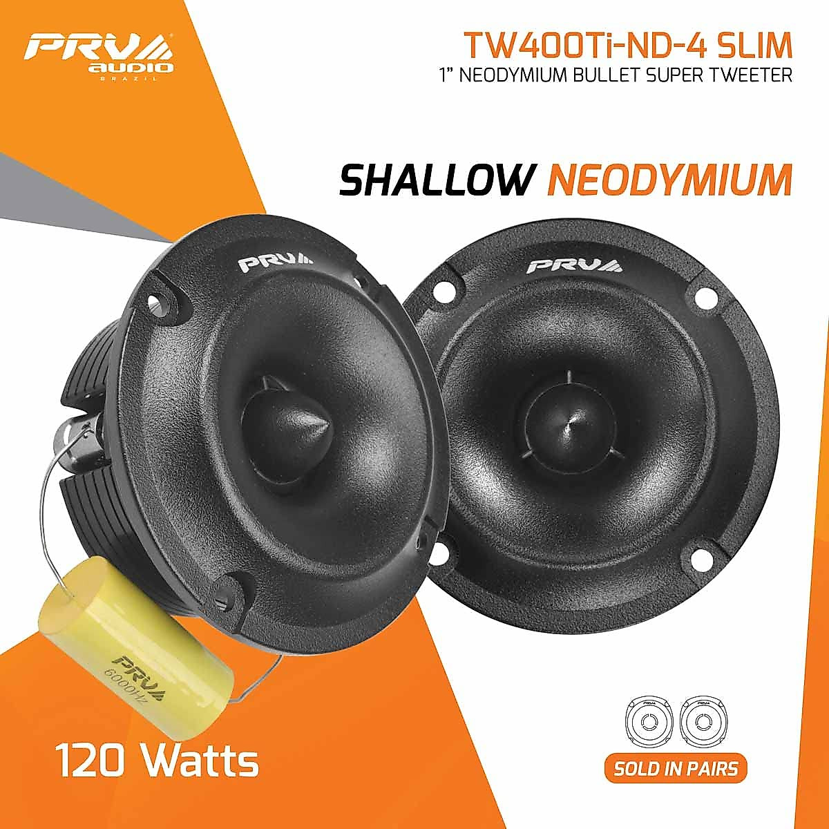 PRV Audio Bullet Super Tweeters Neodymium, 3 Inch Tweeter Black TW400Ti-Nd-4 Slim 120 Watts Max Power 4 Ohm, Easy to Mount PRV Tweeters Pair, 3 Inch Speaker Replacement (2 Tweeters)