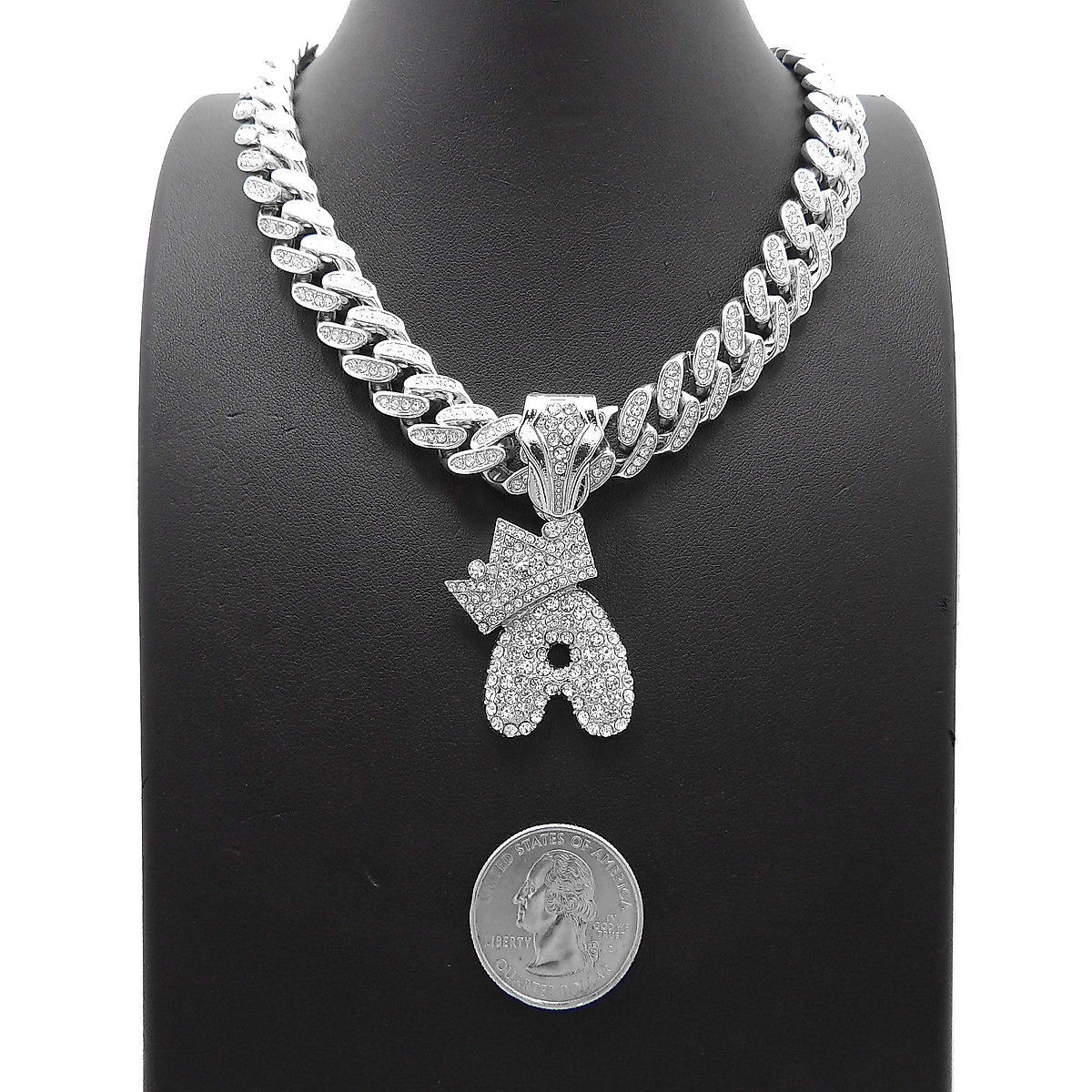 BLINGFACTORY Hip Hop White Gold PT Bubble Alphabet Initial A Pendant & 16" ~ 24" Iced Cuban Box Lock Chain Necklace (Pendant & 16" Chain)