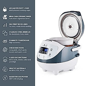 YumAsia Panda Mini Rice Cooker With Ninja Ceramic Bowl and Advanced Fuzzy Logic (3.5 cup, 0.63 litre) 4 Rice Cooking Functions, 4 Multicooker functions, Motouch LED display - 120V (White and Grey)