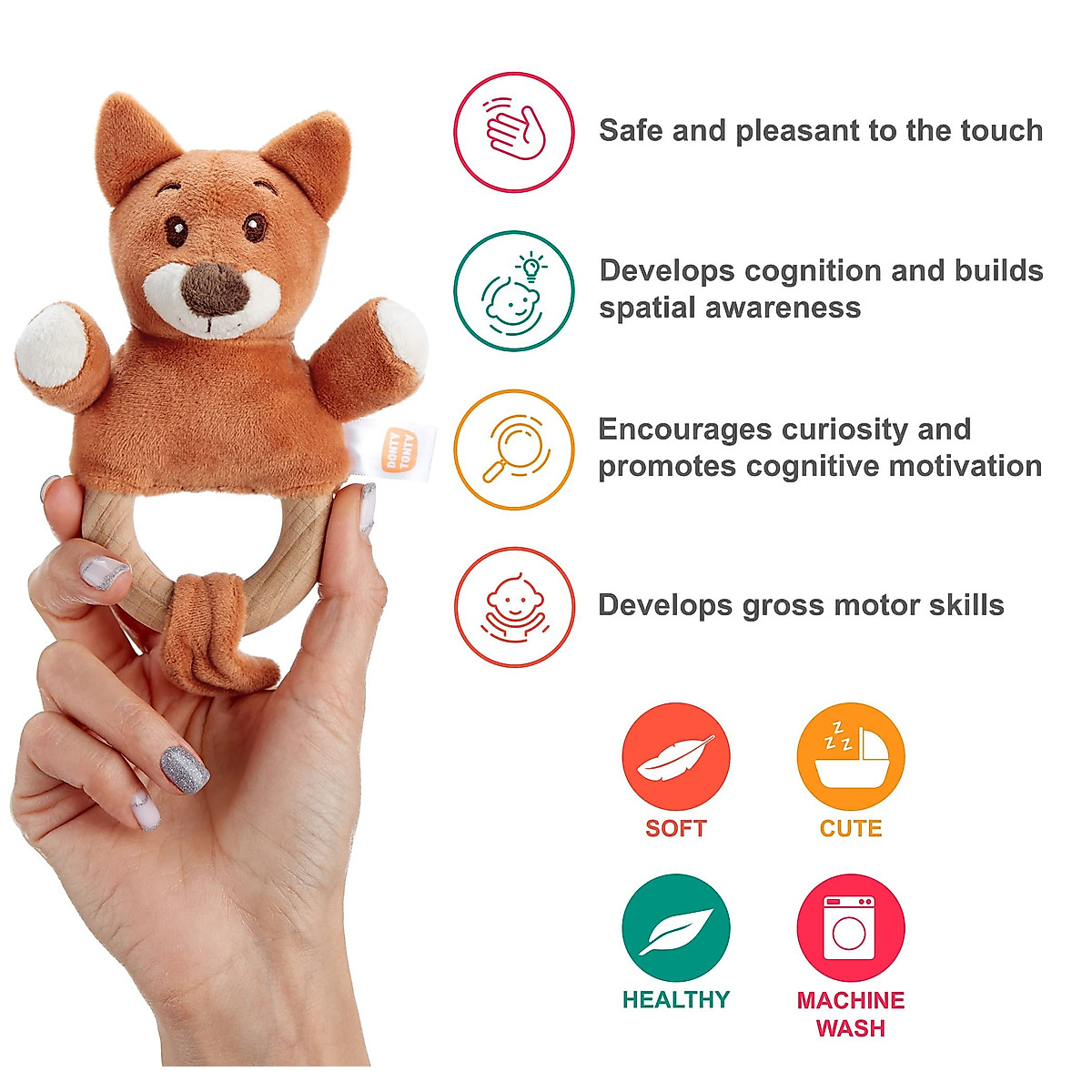 Donty-Tonty Premium Wood Baby Teether Rattle Toy Easter Baby Gift - Animals Soft Plush Shaker Toy with Natural Wooden Teething Ring Toddler, Newborn Boy, Girl, Gifts for 0 3 6 9 12 Months - Red Fox