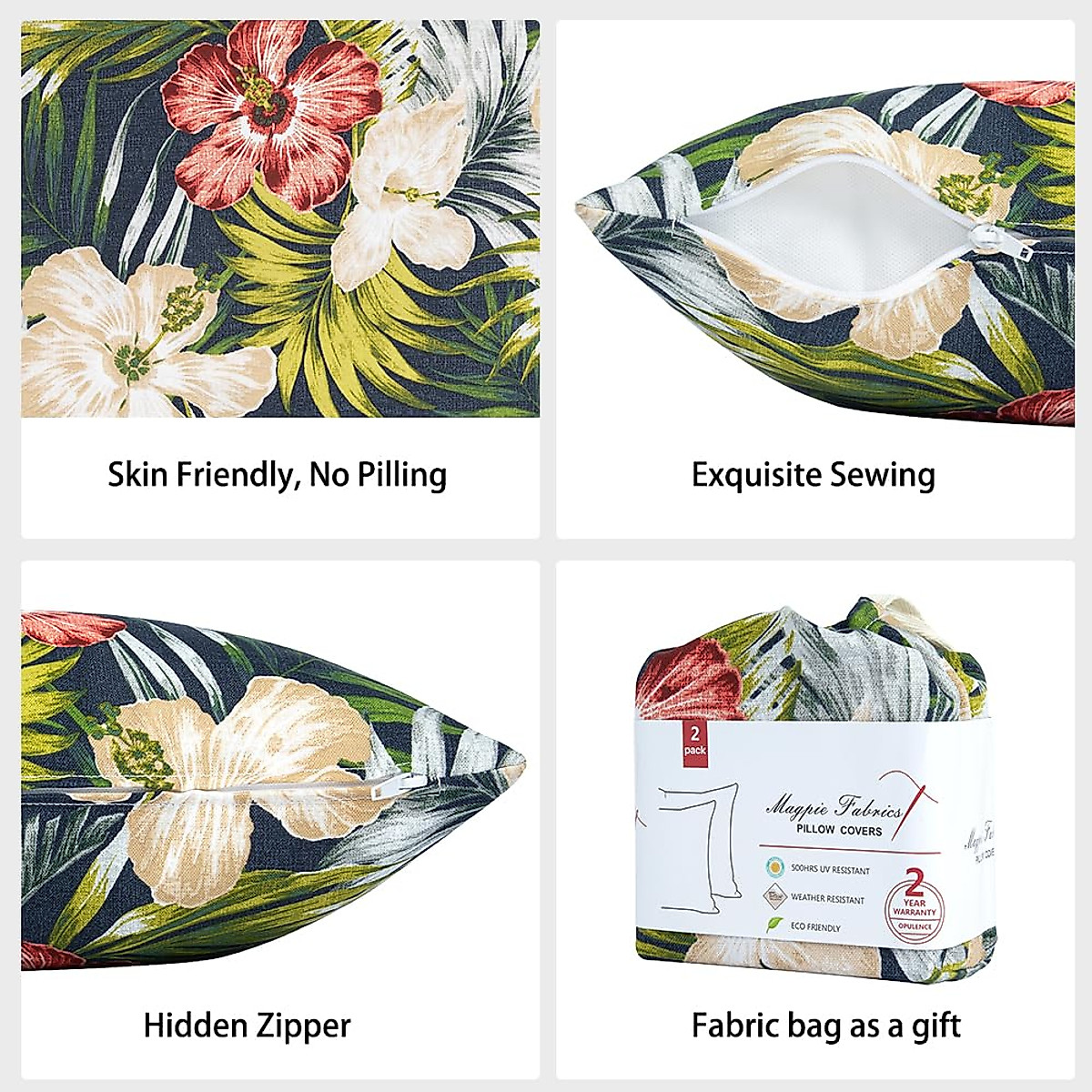 Magpie Fabrics Pack of 2 Outdoor Waterproof Throw Pillow Covers 18 x 18 Inch, Decorative Cushion Sham Pillowcase Shell for Garden Patio Balcony(Midnight Floral)