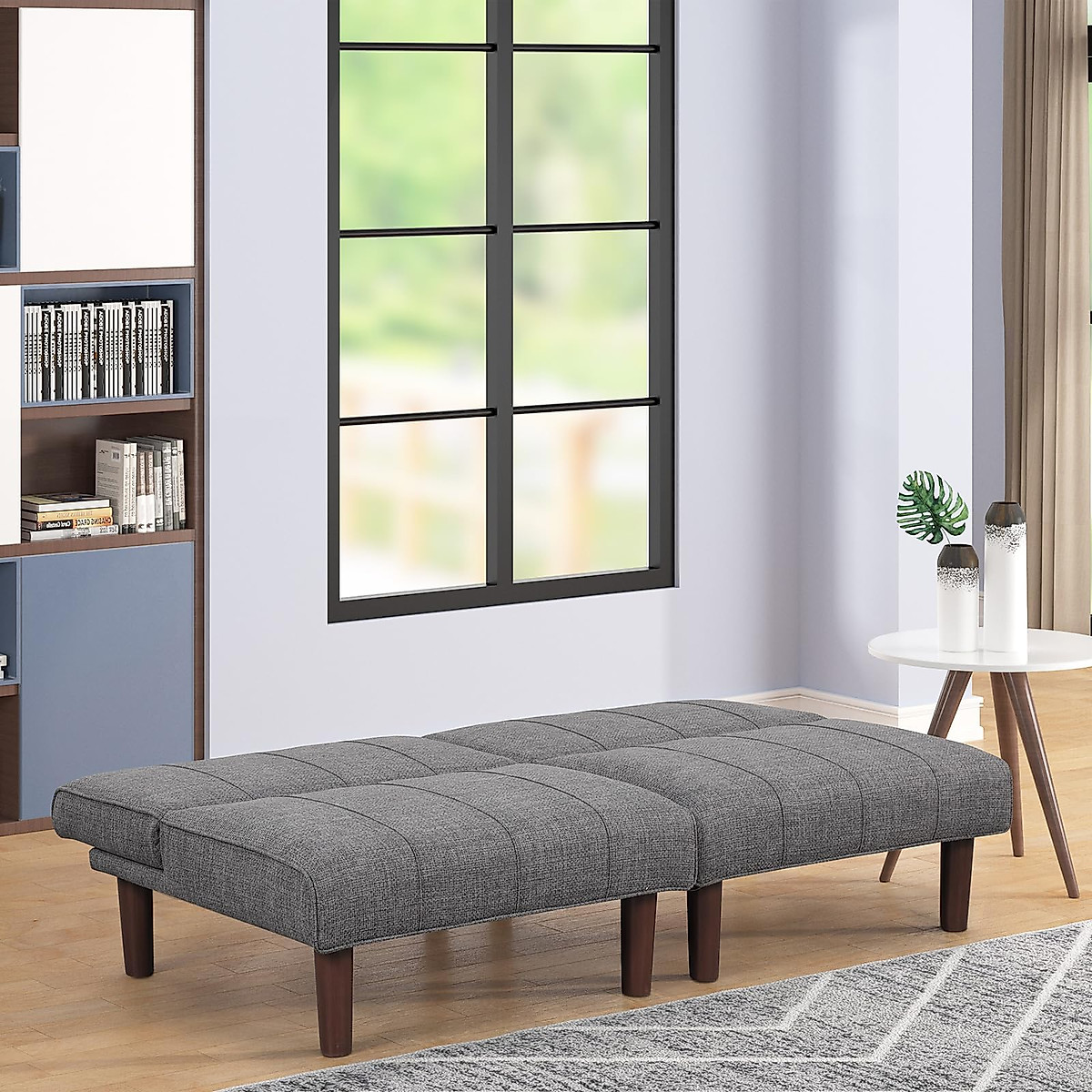 Small Futon Sofa Couch,Upholstered Convertible Modern Futon Chair, Armless Comfy Mini Sofa Couches for Small Spaces Living Room Apartment ,Office Studio Dorm ,Kids Room,Gray Dog Cat Couch Bed 305DR1