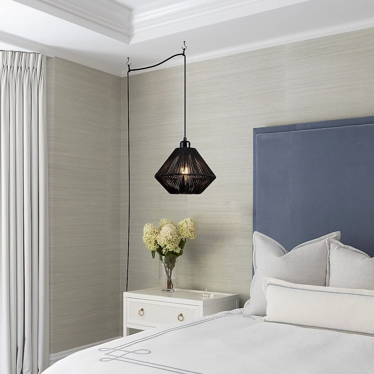 YongMing CL Black Woven Plug in Pendant Light Fixture, 9.65’’ Rustic Farmhouse Pendant Hanging Light with Plug in Cord & On/Off Switch for Kitchen Island Living Dining Room Bedroom Foyer