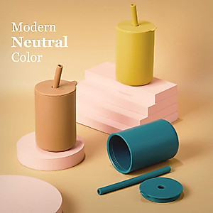 Geiserailie Mini Baby Silicone Cups with Straw Reliable Lid Sippy Cup Reliable 6 oz Unbreakable Training Cup for Toddler (Yellow, Blue, Brown,3 Pieces)