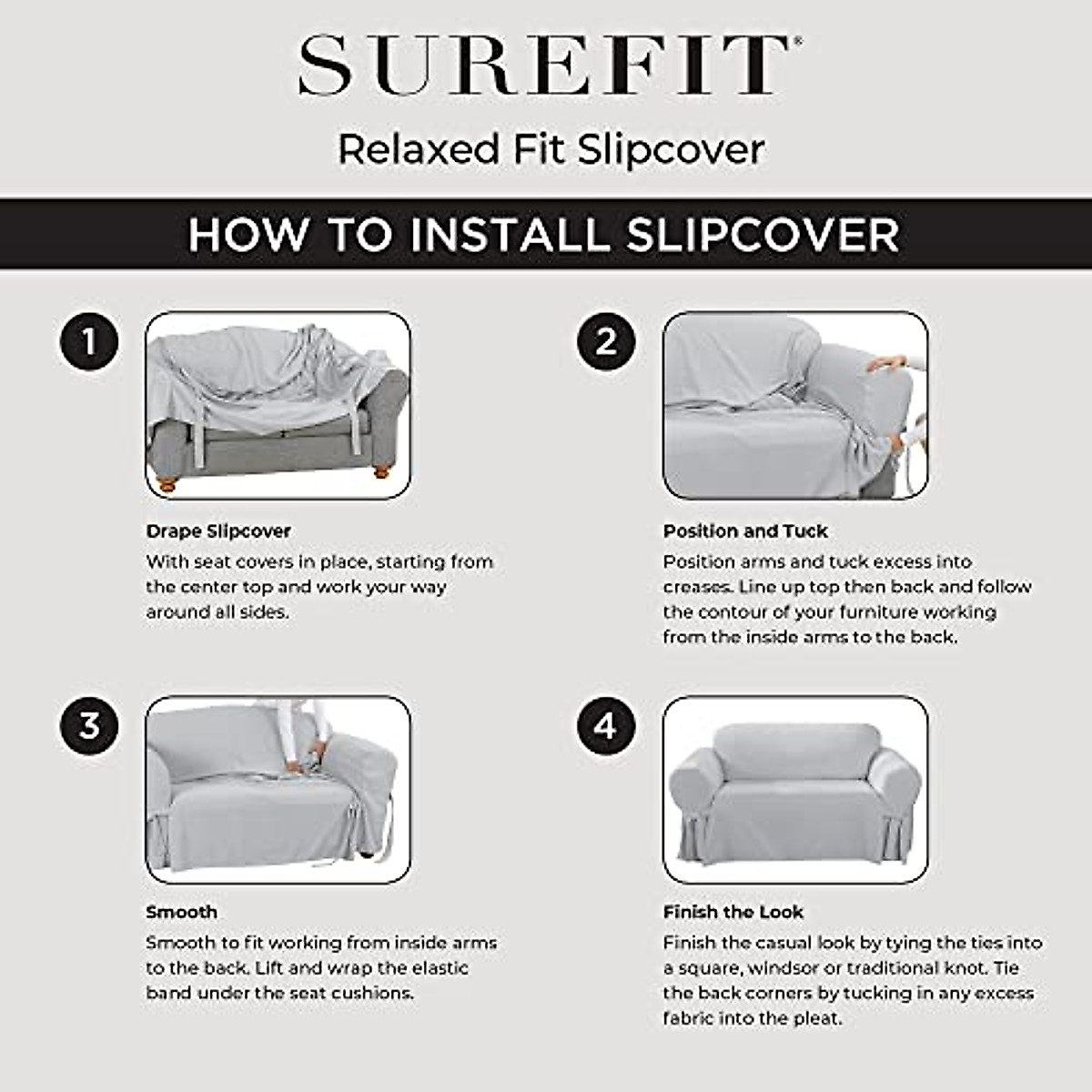 SureFit Farmhouse Basketweave Box Cushion One Piece Slipcover with Ties, Loveseat Cover, Relaxed Woven Fit, 100% Cotton, Machine Washable, Grey Color