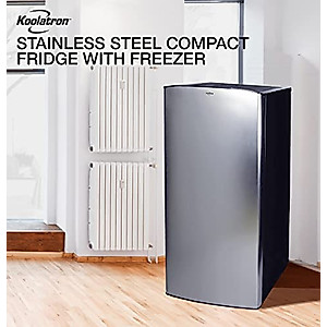Koolatron Stainless Steel Compact Fridge with Freezer, 6.2 cu ft (176L), Silver/Black, Space-Saving Flat Back, 0.9 cu ft (25.5L) Freezer, Tempered Glass Shelves, Basement, Office, Cottage, Home Bar