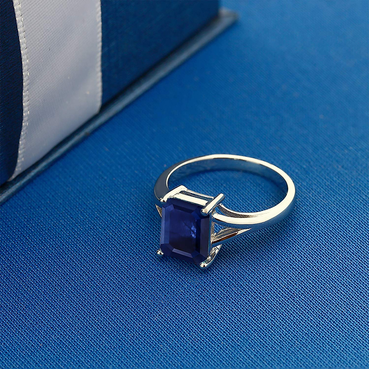Gem Stone King 925 Sterling Silver Blue Sapphire Solitaire Engagement Ring For Women (2.45 Cttw, Emerald Cut 9X7MM, Gemstone September Birthstone, Available in Size 5,6,7,8,9)