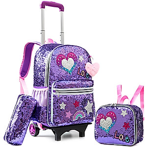 Meetbelify Girls Unicorn Rolling Backpack Wheels Backpacks Kids Luggage for Elementary Preschool Students Cute Suitcase Trolley Trip Wheeled Backpack with Lunch Box for Girls