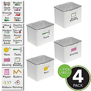 mDesign Stackable Plastic Craft, Sewing, Crochet Storage Container Box with Lid - Compact Organizer and Holder for Thread, Beads, Ribbon, Glitter, Clay - 4 Pack, Includes 32 Labels - Light Gray/Clear