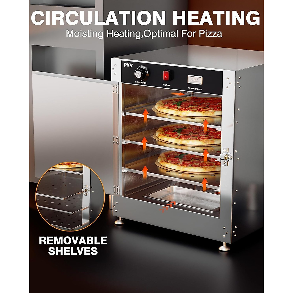 PYY Warming Cabinet 4 Tier 19x19x24 Hot Box Food Warmer for Catering, Countertop Heated Holding Cabinet, Stainless Steel Food Heater Insulated Food Pan Carrier, for Commercial, Kitchen 120V 750W